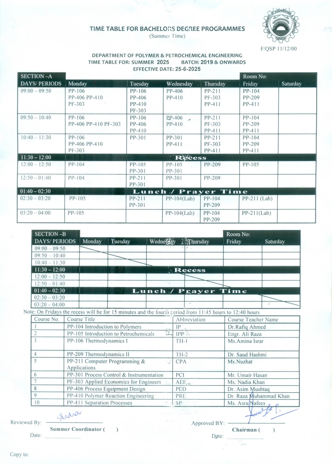 Undergraduate Timetable(Summer Semester 2025) | NEDUET - Depatmental ...