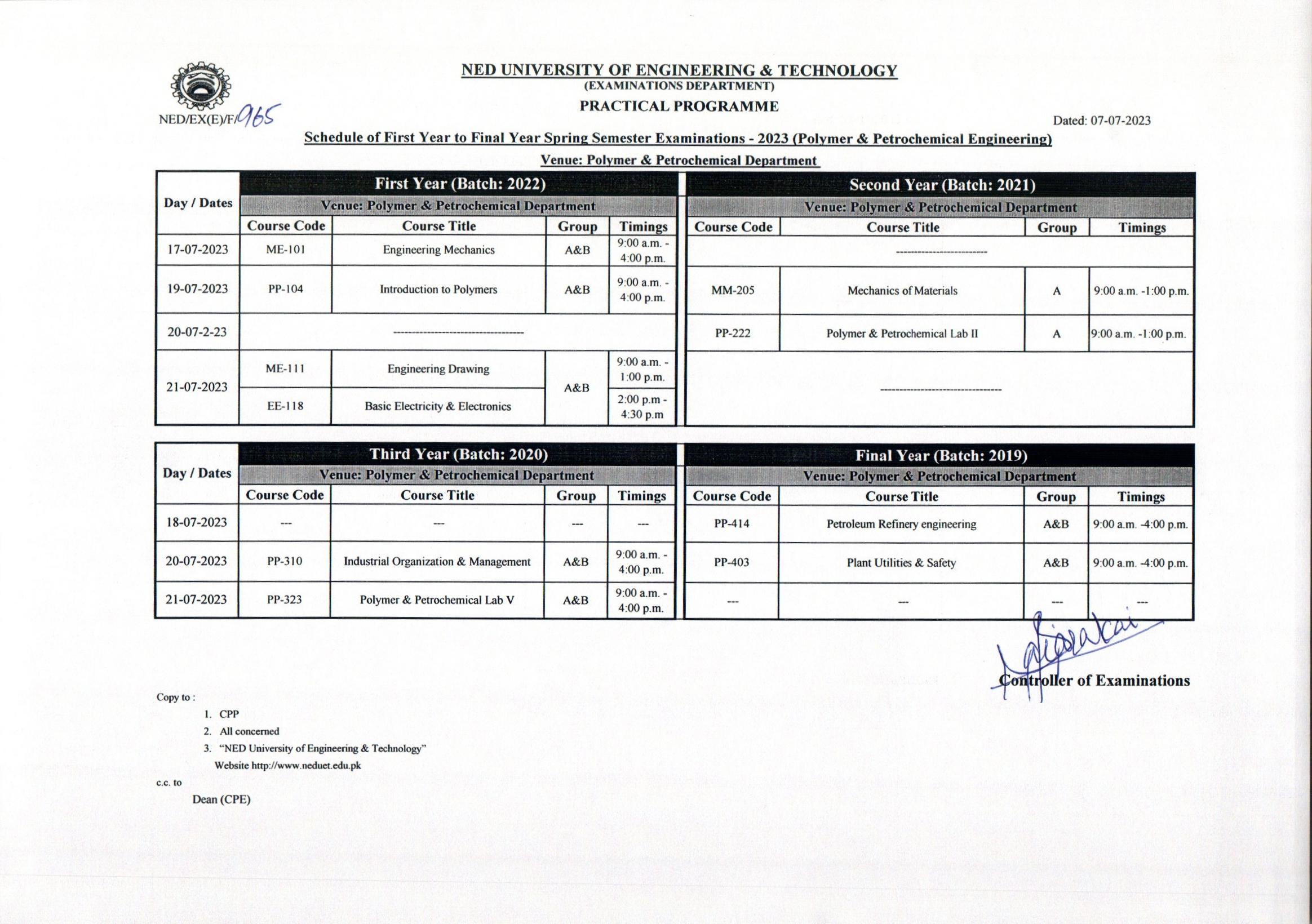 Undergraduate Practical Schedule of Examination | NEDUET - Depatmental ...